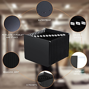 Plastic Expanding Hanging File Folders Letter Size,13 Expandable Pockets,Colored and Blank Tabs,Innovative Accordion Hanging Folder for Filing Cabinet,Fun Storage Office Supplies,Black