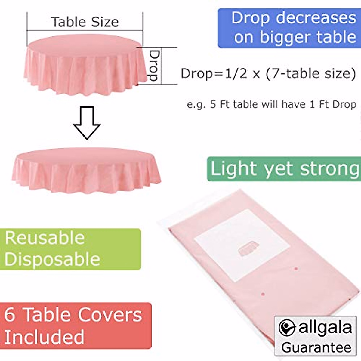 Allgala 6-Pack Premium Plastic Table Cover Medium Weight Disposable Tablecloth-6PK Round 84"-Pink-TC58609