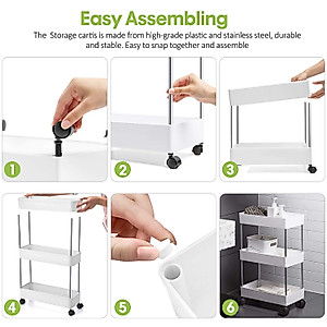 KPX Bathroom Rolling Storage Cart with Wheels Kitchen Utility Cart Casters Mobile Laundry Organizer Shelves for Room Organizers, Make Up, Home School, Dorm Room Office Essentials (3-Tier, White)