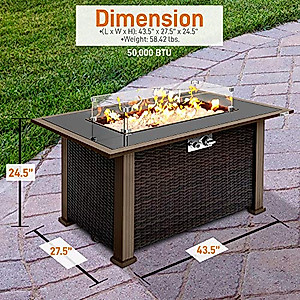 SereneLife Outdoor Propane Fire Pit Table - Approved Safe 50,000BTU Auto-Ignition Propane Gas Fire Table - Rattan Panel, Glass Wind Guard, Black Tempered Glass Tabletop, Clear Glass Rock - SLFPTL