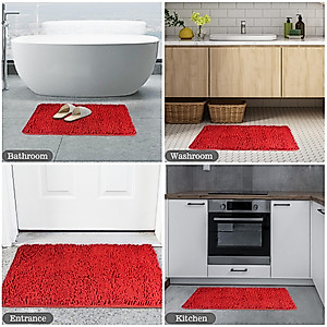 Yeaban Red Bathroom Rugs – Thick Chenille Bath Mats | Absorbent and Washable Bath Rug Non-Slip, Plush and Soft Rugs for Bathroom, Kitchen, Shower, Sink - 17" x 24"