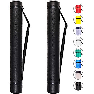 2-Pack Extendable Poster Tubes Expand from 24.5” to 40” with Shoulder Strap | Carry Documents, Blueprints, Drawings and Art | Black Portable Durable Round Storage Cases with Lids and Labels