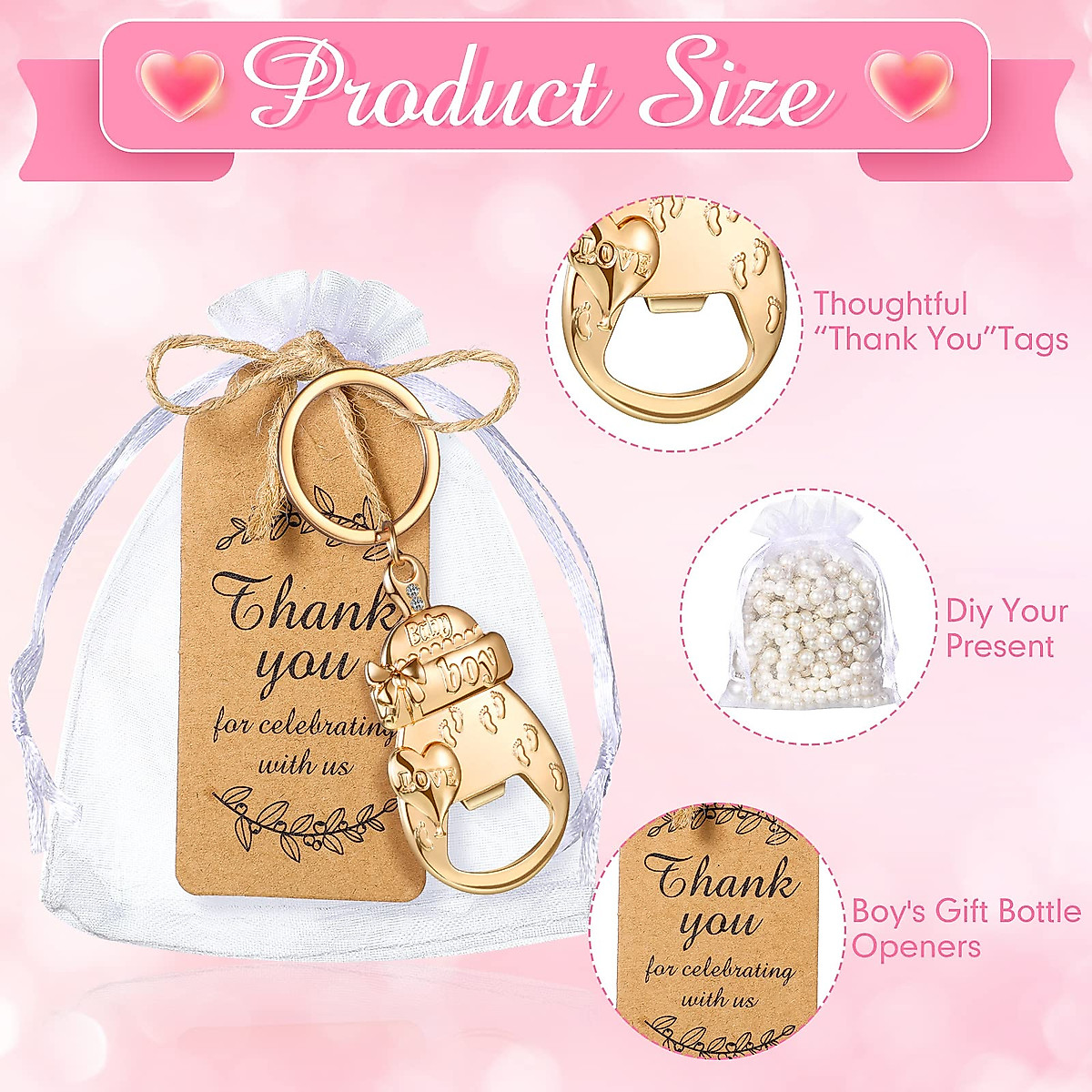 30 Sets Boy Baby Bottle Opener Baby Shower Party Favor with 30 White Organza Bags and 30 Thank You Cards Cute Baby Shower Return Gifts for Guest Wedding Souvenir Kids Birthday Party Supplies, Gold