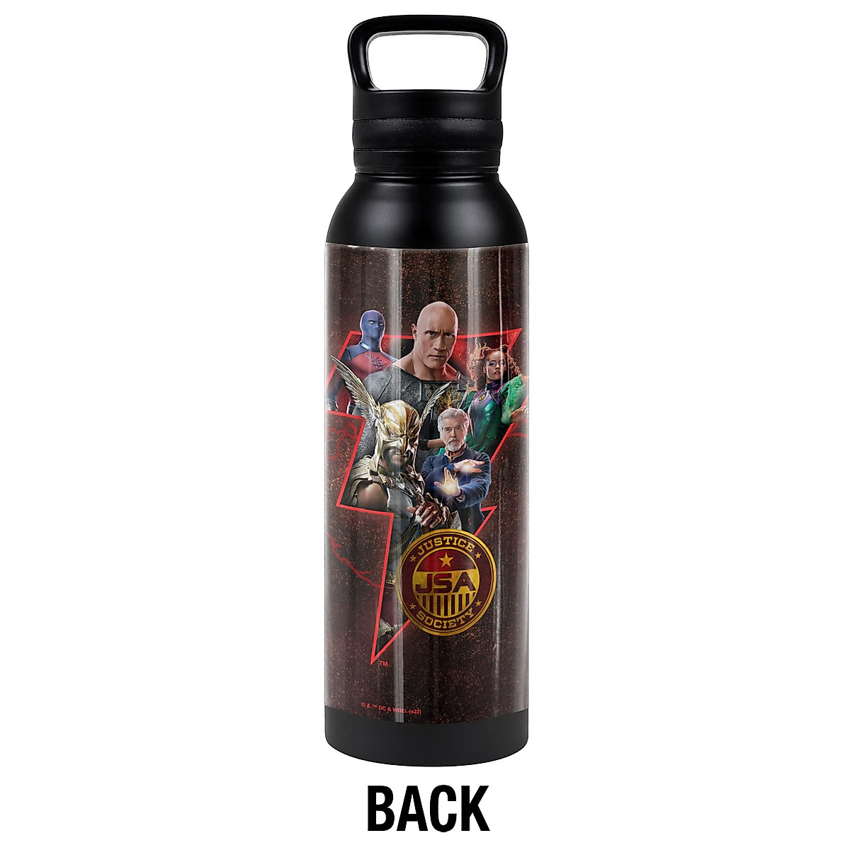 Black Adam OFFICIAL Character Bolt Black 24 oz Insulated Canteen Water Bottle, Leak Resistant, Vacuum Insulated Stainless Steel with Loop Cap