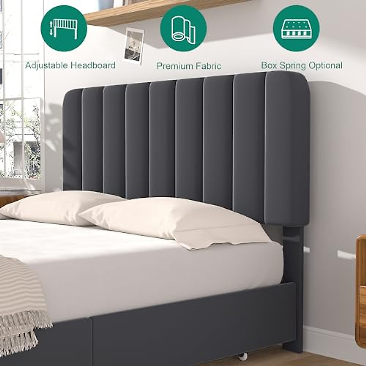 VECELO Queen Size Upholstered Bed Frame with 4 Drawers and Adjustable Headboard, Velvet Platform Storage Bedframe Mattress Foundation, Wooden Slats Support, No Box Spring Needed, Dark Grey