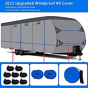 Tuszom 100% Waterproof 600D RV Travel Trailer Cover Durable Rip-Stop Camper Cover fits 31'7"-34' Motorhome - Breathable Windproof Anti-UV with 13PCS Straps, 4 Tire Covers