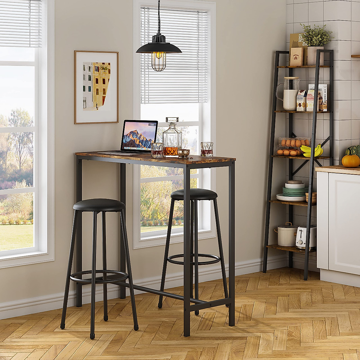 Hoctieon Dining Table with 2 Bar Stools, Rectangle Bar Table and 2 Chairs Set, Small Kitchen Table and Chairs, Bistro Pub Table and Chairs Set of 2 for Café, Kitchen, Living Room, Rustic Brown