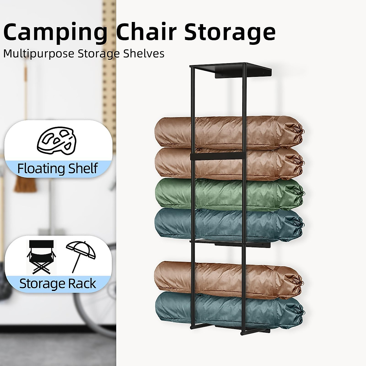 Camping Chair Wall Storage for Garage, Metal Camping Chair Storage Rack Wall Holder, Double Layer Wall Mount, Stainless Steel, Beach Chair Rack, Umbrella Holder, Organizer, Black