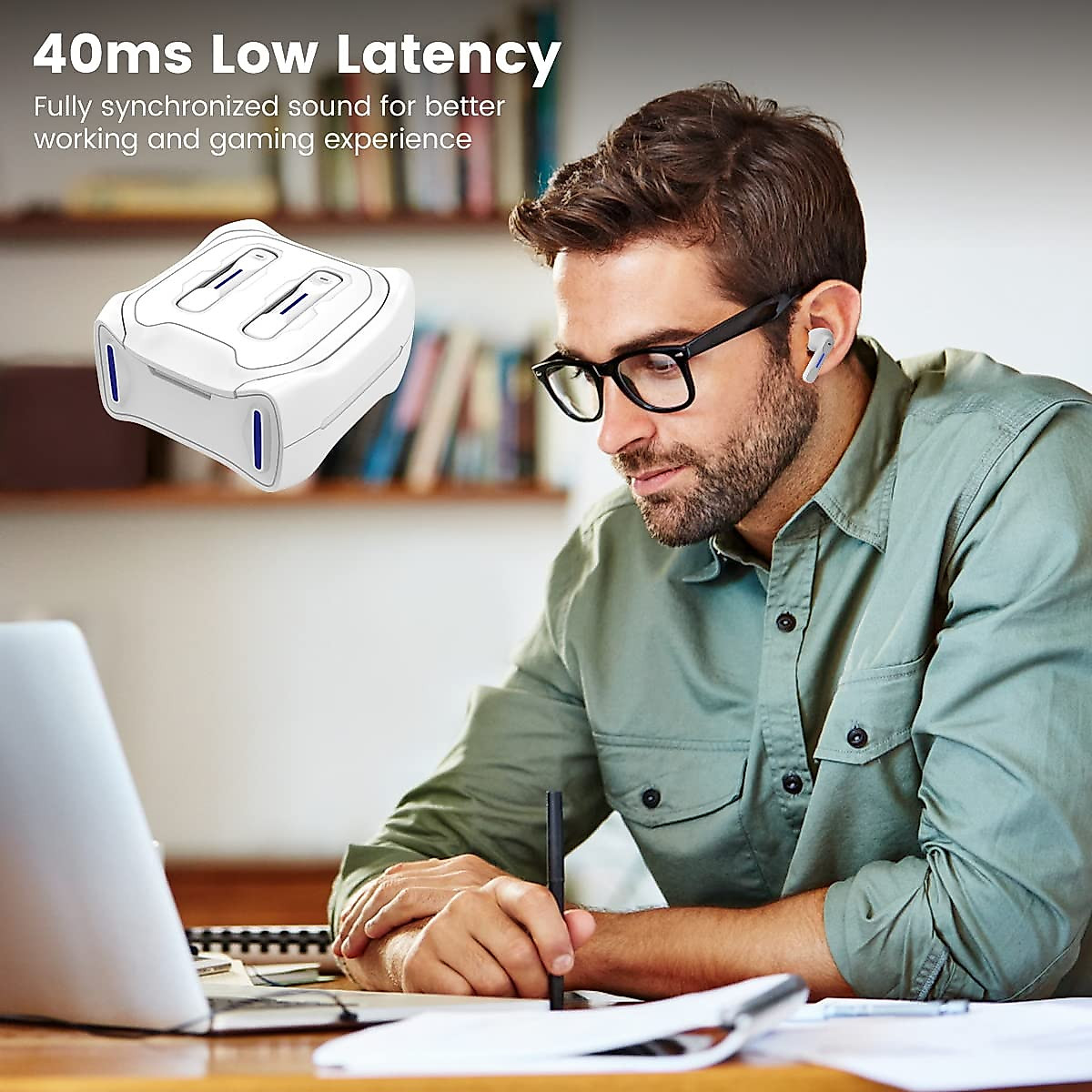 FEDIKER SW4 Wireless Earbuds for PC/Computer/Laptop - App Control - Dongle & Bluetooth - 30ms Low Latency - Headset with Mirophone for PC - Gaming Headset - Work Headphones - Headset for Work (White)