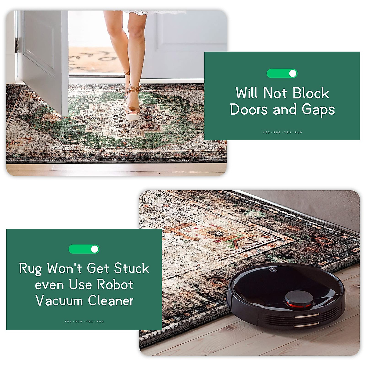 YesRug 8x10 Area Rugs for Living Room Green Boho Rug Washable Rug Vintage Rug Low Pile Non-Slip Large Rug for Bedroom Dining Room