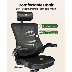 Marsail Office Chair Ergonomic Desk Chair, 360°Swivel Mesh Back Wide Computer Chair PU Leather Criss Cross Chair,Adjustable Lumbar Support & Flip-up Armrests,Adjustable Height Executive Task Chair