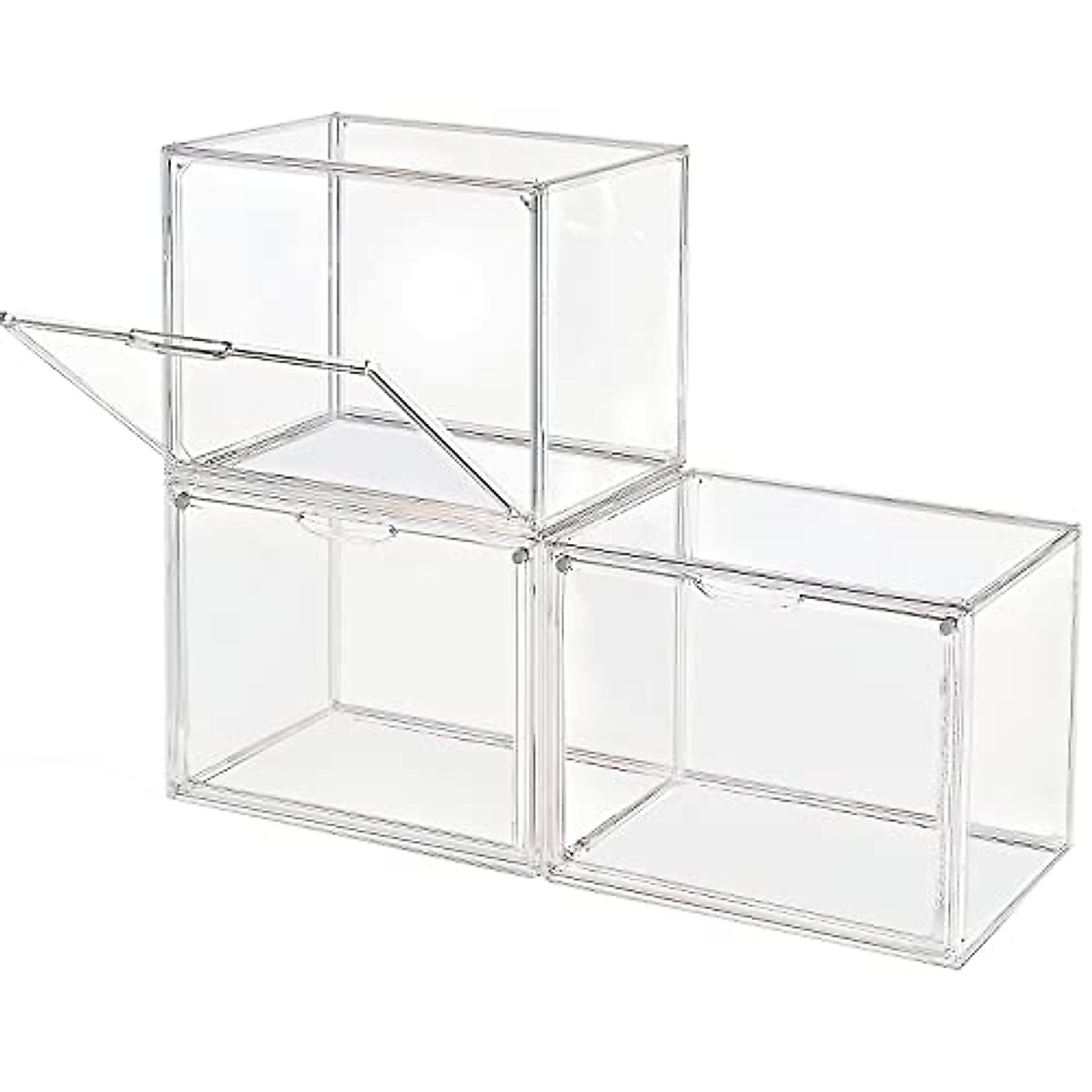 GUDEMAY Clear Stackable Plastic Storage Bins with Magnetic Attraction Lid, Dustproof Book & Cosmetic Display Cases, Large Figures Collectibles Showcase, Shoe Box, Protection Organizer (Transparent - 3 Pack)