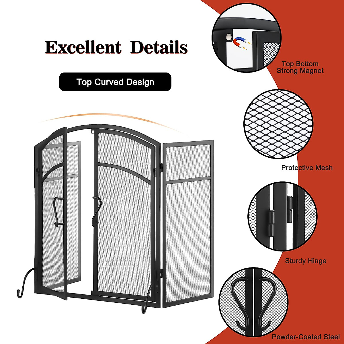 Gtongoko 3 Panel Fireplace Screen with Doors 51" W x 32" H Wrought Iron Extra Large Fireplace Screen Decorative Fire Spark Guard Grate for Living Room Home Decor - Black