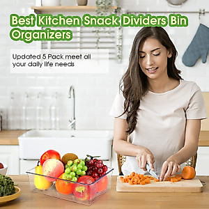 ZIZOTI Food Pantry Organization and Storage Bins 7 Pack Clear Plastic Removable Snack Organizer Racks w 3 Dividers, Great for Organize Packets, Spices, Pouches Stackable Fridge Kitchen, Cabinets