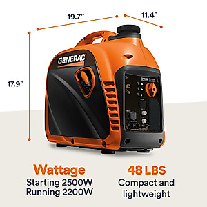 Generac 8251 GP2500i 2,500-Watt Gas Powered Portable Inverter Generator - Compact and Lightweight Design - Produces Clean, Stable Power - COsense Technology - CARB Compliant - Orange/Black