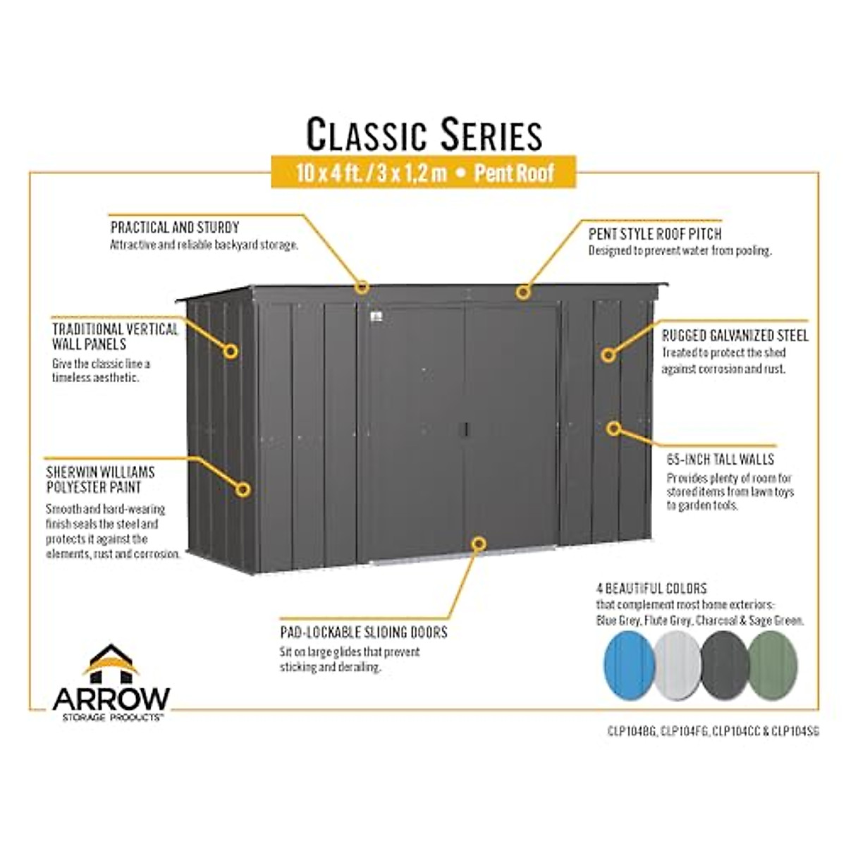 Arrow Classic Steel Storage Shed, 10x4, Flute Grey