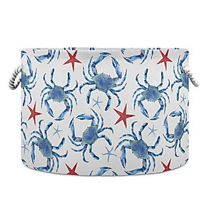 Krafig Watercolor Crabs Starfish Round Collapsible Storage Basket, Large Toy Storage, Laundry Baskets, Open Home Storage Bins for Toy Organizer, Home Decor, Clothes, Toys