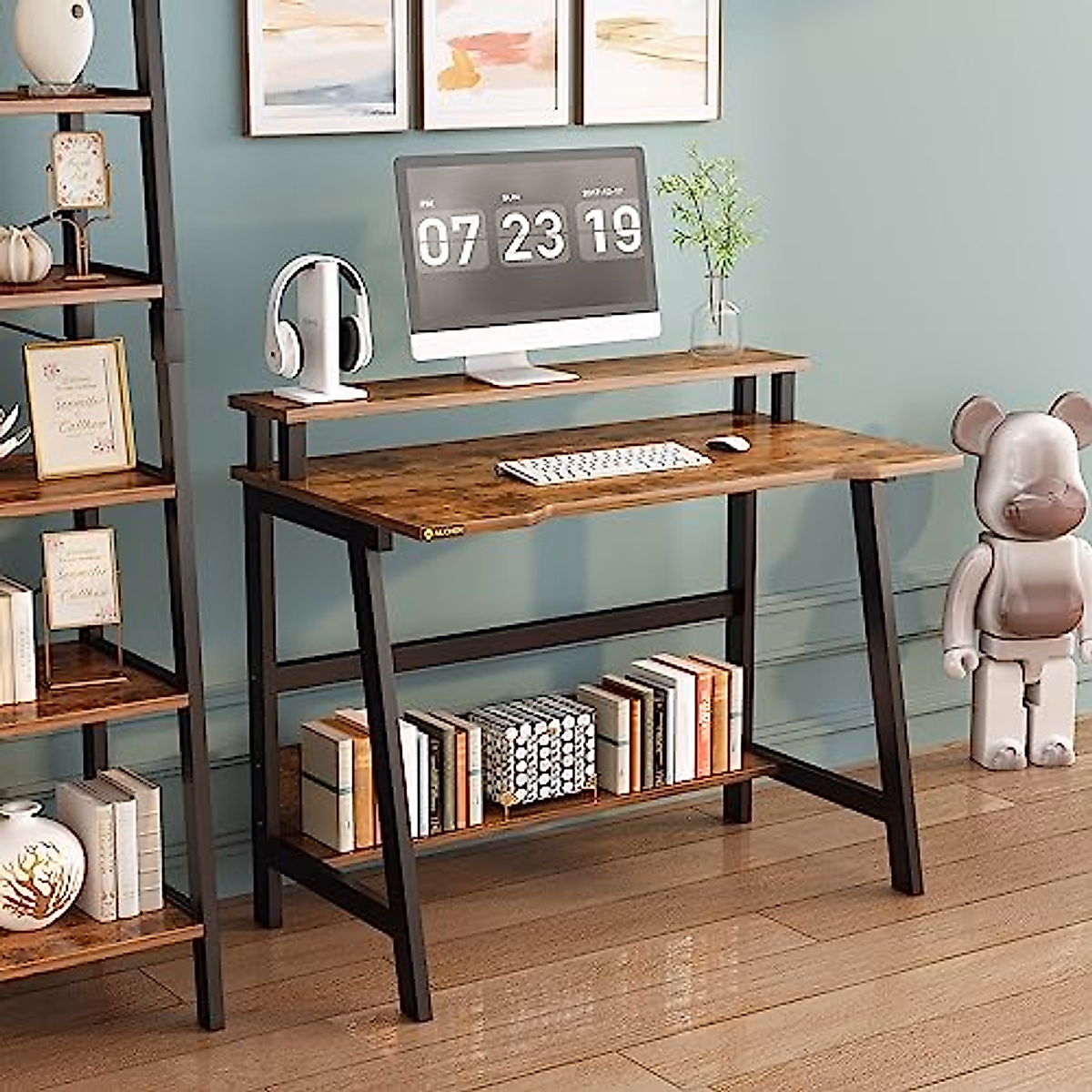 YQ JENMW Small Computer Desk for Small Spaces - 33.5" Inch Modern Writing Table with Monitor Storage Shelf for Home Office and Study, Compact Laptop Desk in Simple and Sleek Style