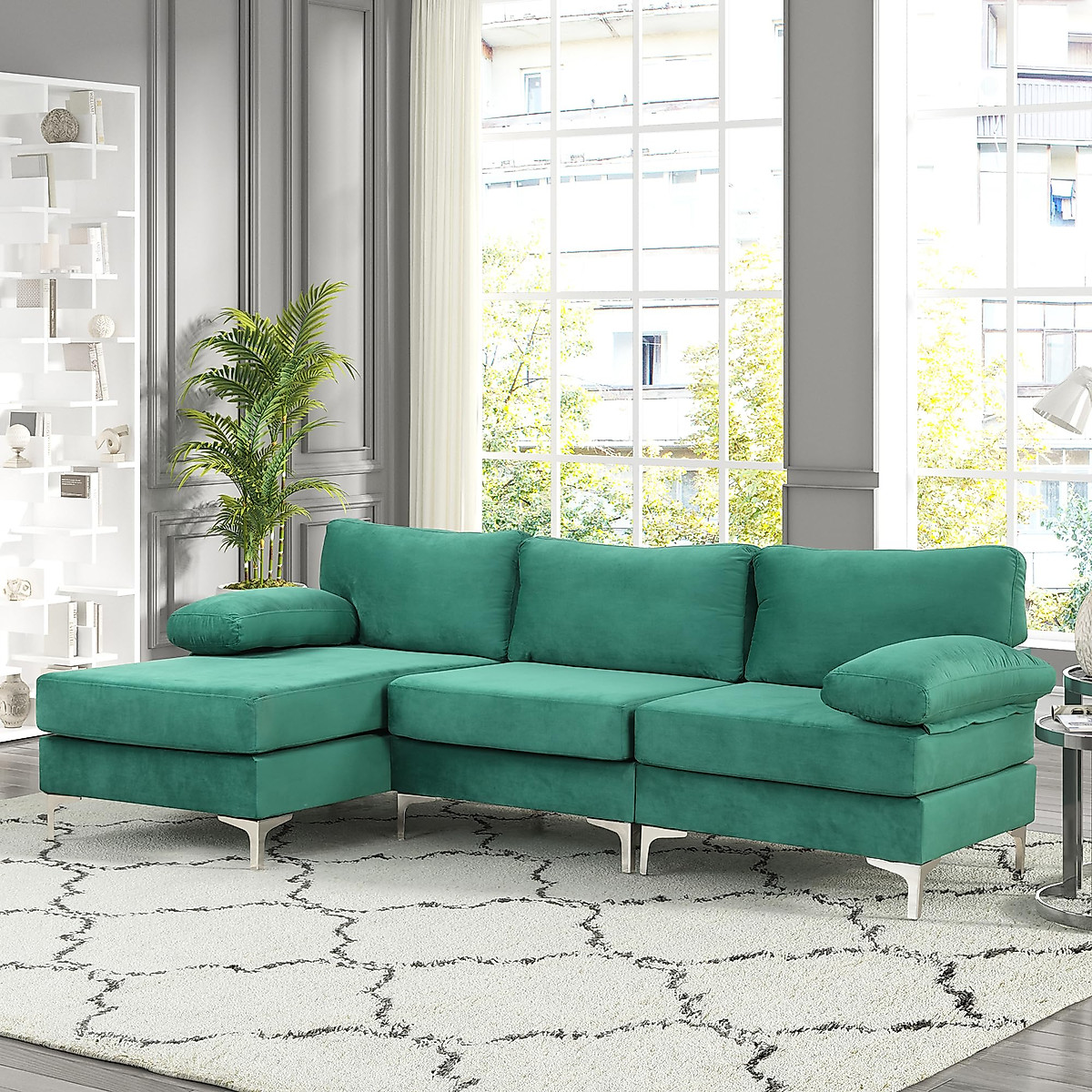 Casa Andrea Milano Modern Velvet Fabric Sectional Sofa, L-Shape Couch with Extra Wide Chaise Lounge