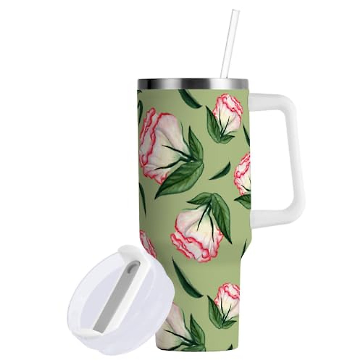 Adornlife Flower Rose Green 30 oz Tumbler with Handle and Straw Lid, 100% Leak-proof Travel Coffee Mug, Stainless Steel Insulated Cup For Beverages, Cupholder Friendly