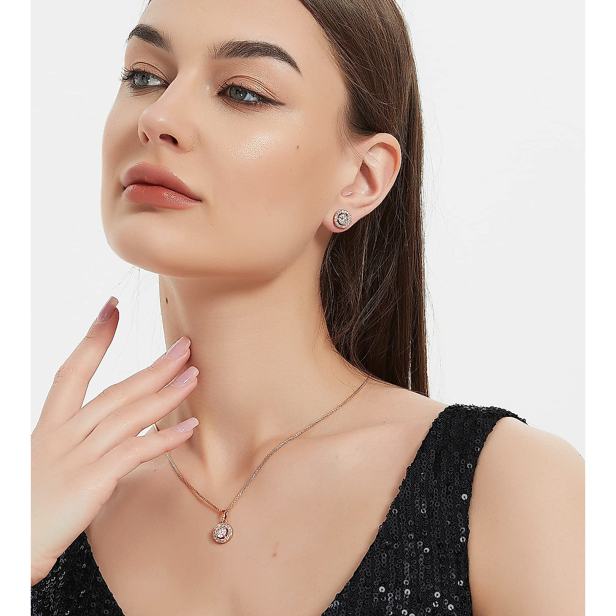 UDYLGOON Round Earrings Necklace Bracelet Jewelry Set for Women Bridal Bridesmaid Party Prom Daily Wedding (Rose Gold)