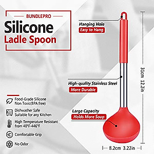 Pack of 2 Ladle Spoon,Silicone Large Spoon for Soup,Non Stick Kitchen Utensils with High Heat Resistant,BPA Free Perfect Kitchen Tools for Cooking, Stirring,Serving Soups (Black-Red)
