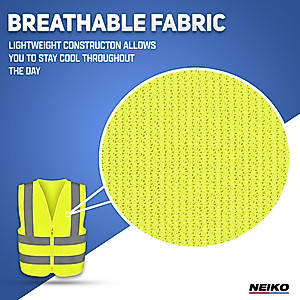 Neiko 53941A High Visibility Safety Vest with Reflective Strips | Size Large | Neon Yellow Color | Zipper Front | For Emergency, Construction and Safety Use