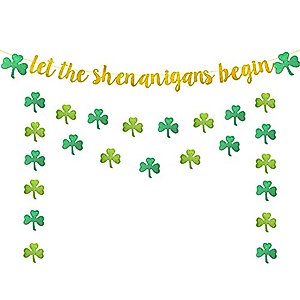 Weimaro Let The Shenanigans Begin Banner, Glittery St. Patrick’s Day Decorations, Indoor Home St Patricks Day Sign, St Patty’s Day Deocrations, Welcome Irish Party Decorations Supplies