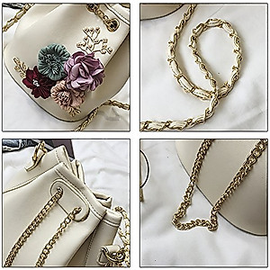 QZUnique Women's PU Leather Flower Drawstring Bucket Bag Crossbody Bag Shoulder Bag Purse