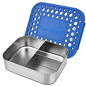 LunchBots Medium Trio II Snack Container - Divided Stainless Steel Food Container - Three Sections for Snacks On the Go - Eco-Friendly, Dishwasher Safe, BPA-Free - Stainless Lid - Blue Dots