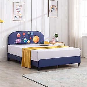 Mjkone Twin Bed Frame Kids, Space Adventures Boy Twin Bed Kids Bed, Teens Bed Frame with Upholstered PVC Tufted Headboard, Children Bed Frame, No Spring Box Needed (Planets)