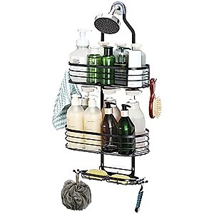 Shower Caddy Over Shower Head, 3 Tier Shower Hanging Organizer Shelf Rustproof, shower racks for inside shower, Shampoo Holder Bathroom Shelf With Soap Holder, Hooks and Bamboo Board, For Bath, Black