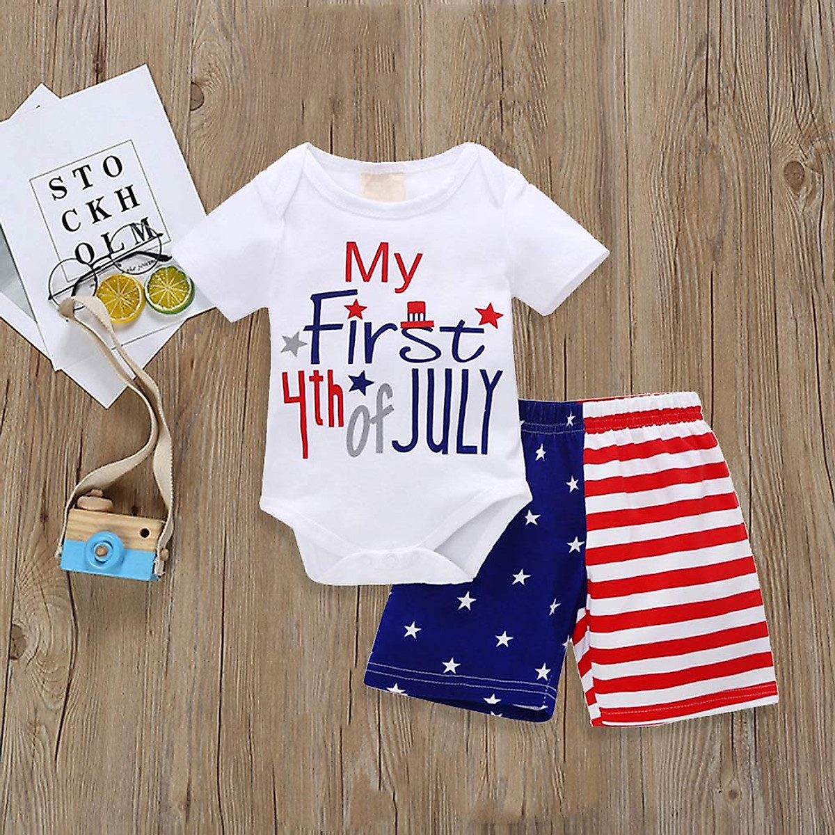 XFGLCK Newborn Infant Baby Boy 4th of July Shorts Set Short Sleeve Bodysuit + Stars Stripe Short American Flag Summer Outfits (My First 4th of July, 0-3 Months)