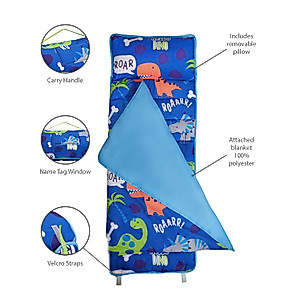 EVERYDAY KIDS Nap Mat with Removable Pillow - Roarin' Dinos - Carry Handle with Straps Closure, Rollup Design, Soft Microfiber for Preschool, Daycare, Travel Sleeping Bag - Ages 3-6 Years