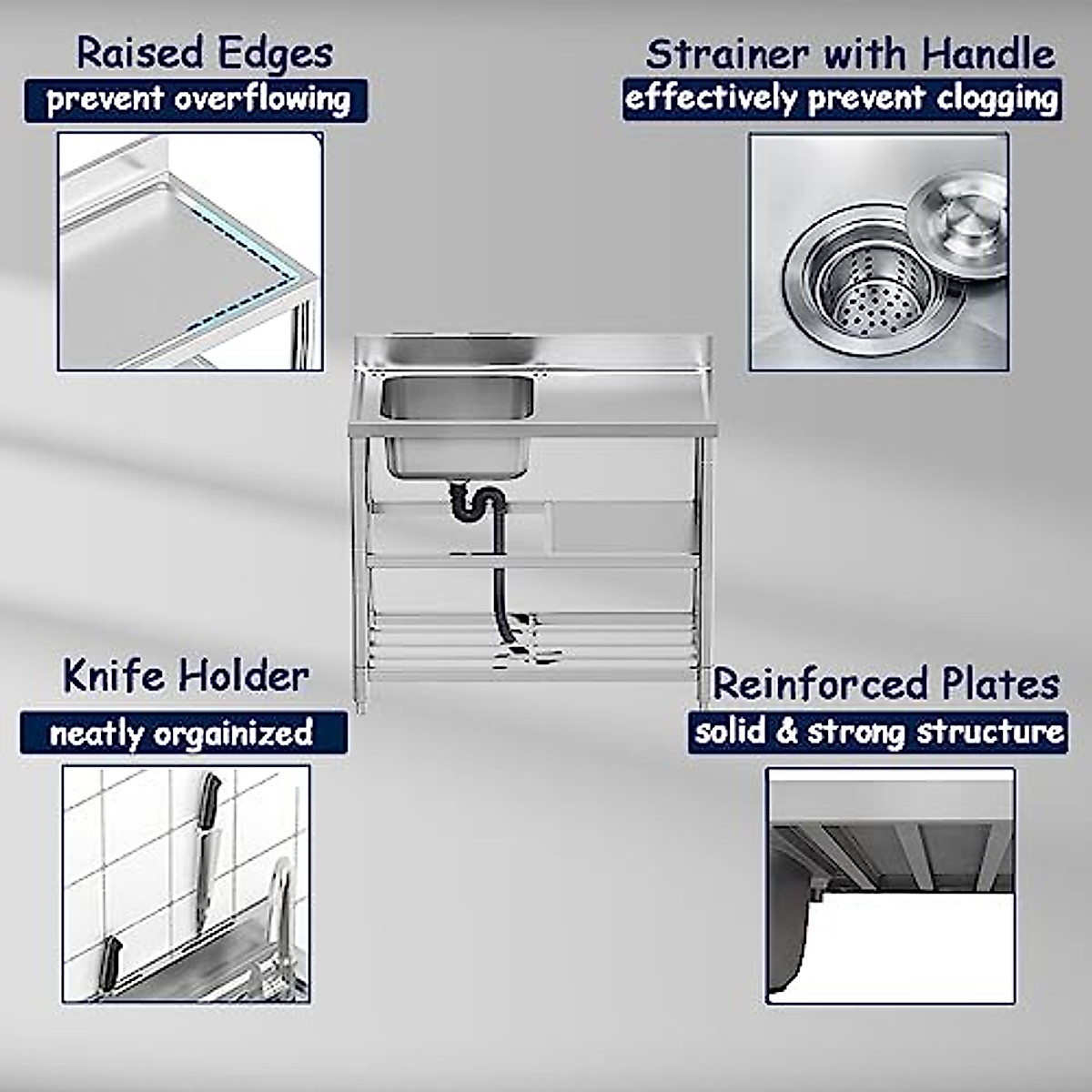 IOXGSGI Free Standing Stainless-Steel Single Bowl Commercial Restaurant Kitchen Sink Set W/Faucet & Drainboard, Prep & Utility Washing Hand Basin Wwworkbench & Double Storage Shelves (39.5In)