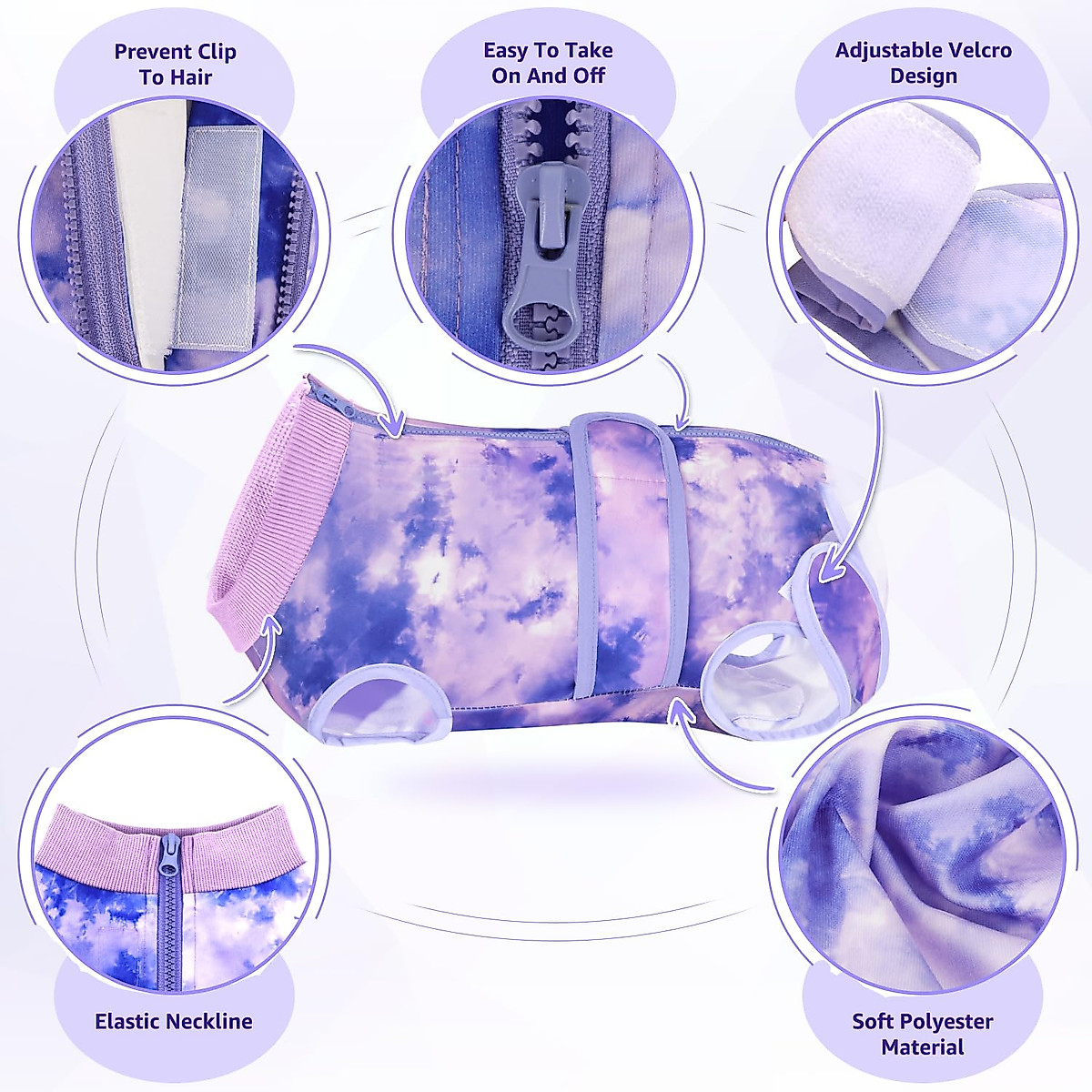 Lukovee Recovery Suit for Dogs, Zipper On Recovery Suit for Female Male Dog, Onesie Abdominal Wounds Cone E-Collar Alternative Prevent Licking Spay Recovery Suit (Purple Tie-dye,Large)