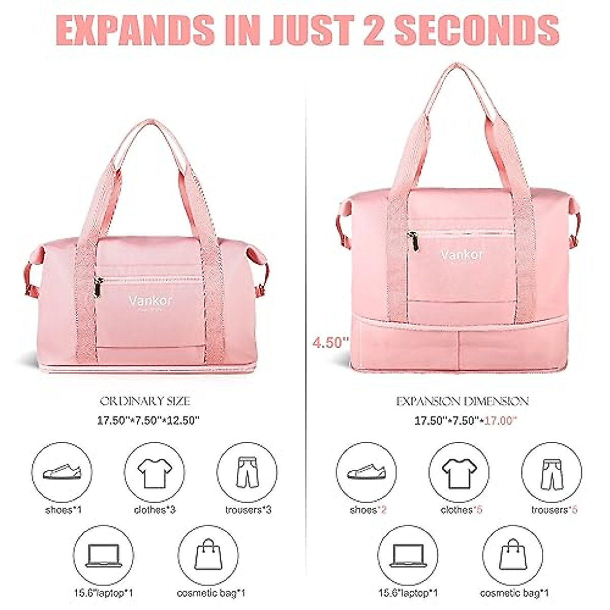 Travel Duffle Bag, Sports Tote Gym Bag, Weekender Bag, Expandable Waterproof Carry on Bag with Trolley Sleeve Wet Pocket Overnight Bags for Women - Pink
