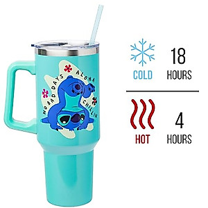 Silver Buffalo Disney Lilo and Stitch Aloha No Bad Days Chillin’ Stainless Steel Tumbler with Handle and Straw, Fits in Standard Cup Holder, 40 Ounces