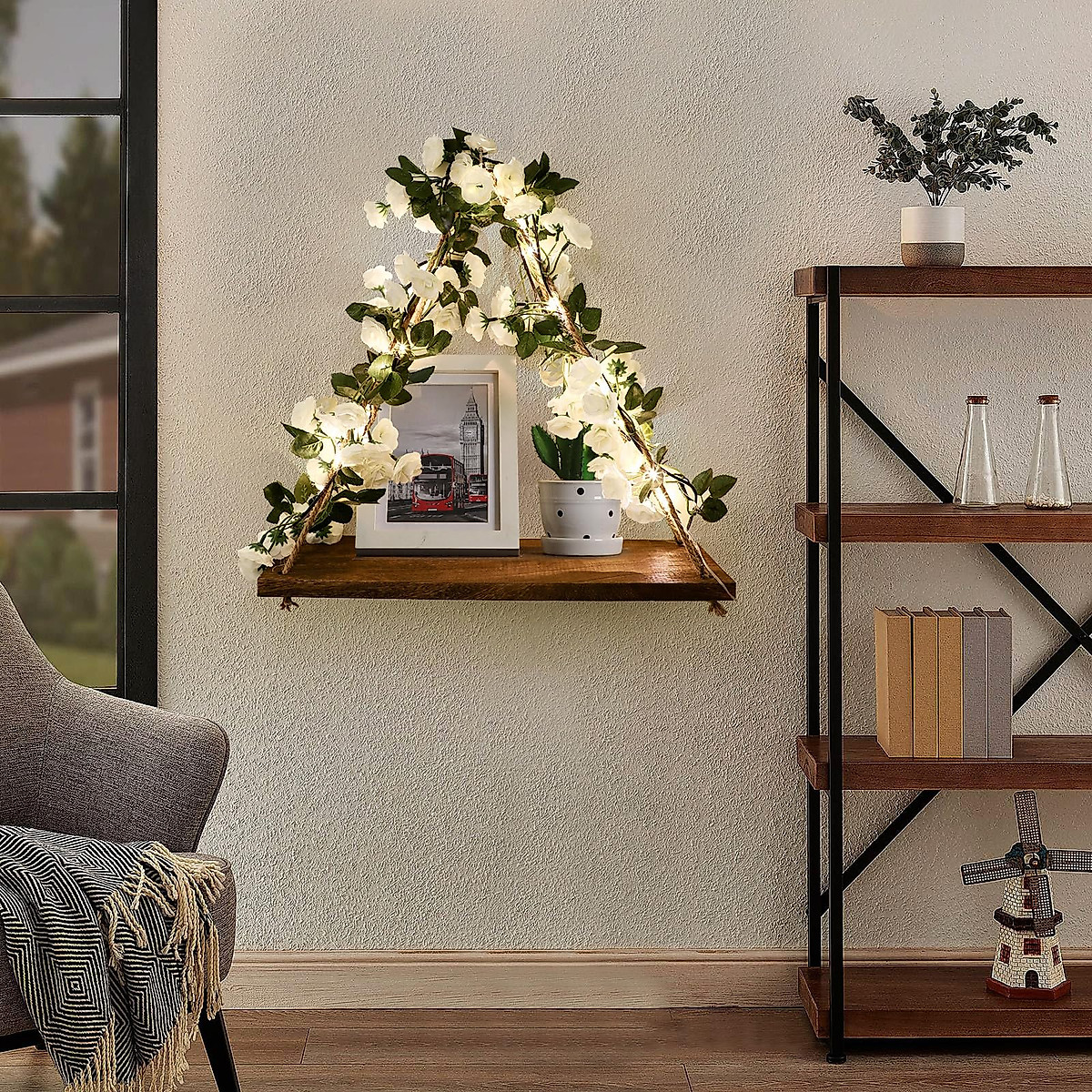 JOPSTDI Floating Shelves,Plant Wall Decor,Wall Shelf,No Drill Shelves,Decorative Leaves and Light Strip,Set of 2 Plant Shelf Wall,Christmas Day for Decorating Room(White Flower)