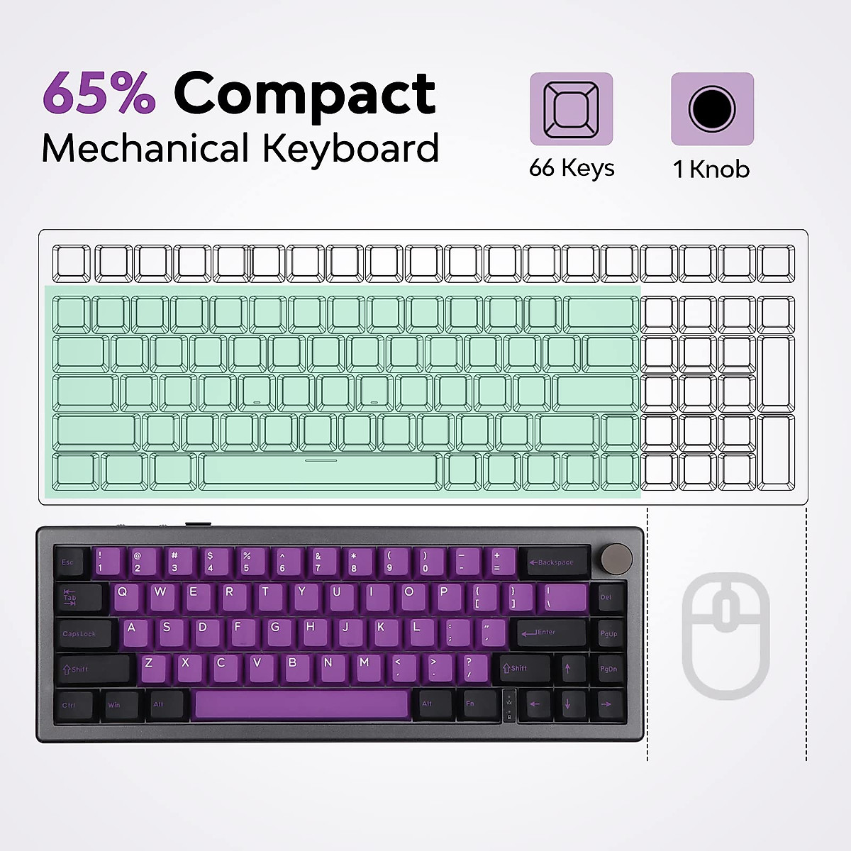EPOMAKER EK68 65% Wireless Gaming Keyboard, Hot Swappable Gasket Mechanical Keyboard with Metal Knob, Bluetooth 5.0/2.4Ghz Wireless/USB-C Wired Custom Keyboard (Black Purple, Gateron Pro Yellow)