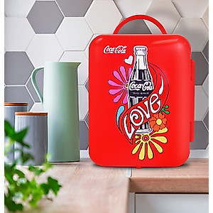 Coca Cola Love 1971 Series Portable 6 Can Thermoelectric Mini Fridge Cooler/Warmer, 4 L/4.2 Quarts Capacity, 12V DC/110V AC for home, dorm, car, Bedroom beverages, snacks, skincare, cosmetics
