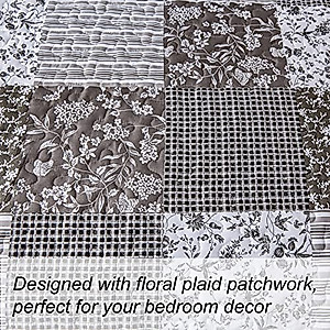 Mybedsoul Grey Boho Quilt Set Queen Size,3 Pieces Plaid Floral Bedspread Coverlet Set for All Season,Patchwork Reversible Bedding Set Queen 90"x96"