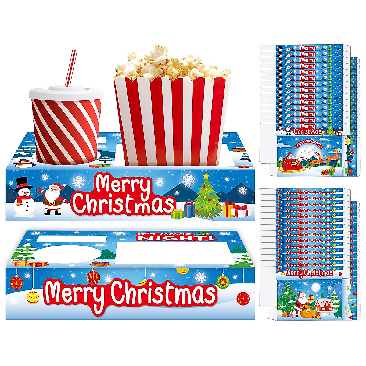 32Pcs Christmas Party Supplies Movie Night Paper Snacks Boxes Xmas Movie Theater Snack Tray Party Decorations Movie Popcorn Drink Holder Set for Christmas Xmas Tree Snowman Birthday Holiday Party