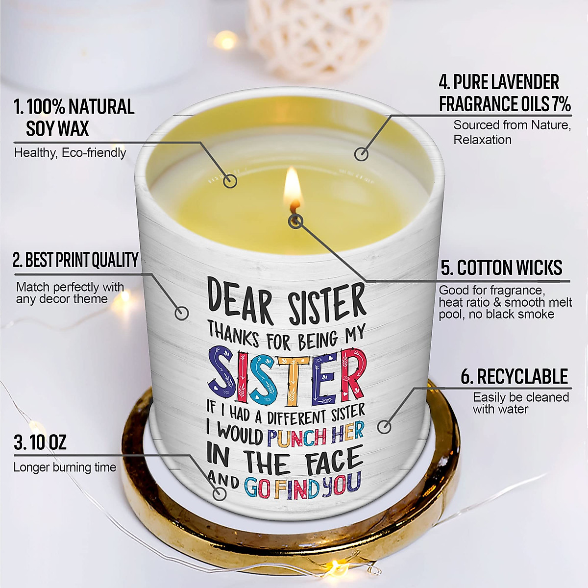 Sister Gifts from Sister, Christmas Gifts for Sister, Sister Birthday Gifts from Sister - Best Friend Giftss for Women - Birthday Gifts for Sister, Best Friend, BFF, Bestie, Soul Sister Candle 10Oz