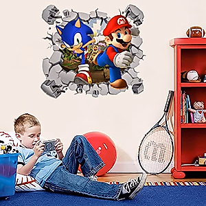 2022 Mario Play Game with Sonic 3D Break The Wall Stickers for Living Room Kids Room Wall Decor Boys Girl Gift Bedroom Poster Mural Wallpaper Removable PVC Wall Stickers (23" x 25")