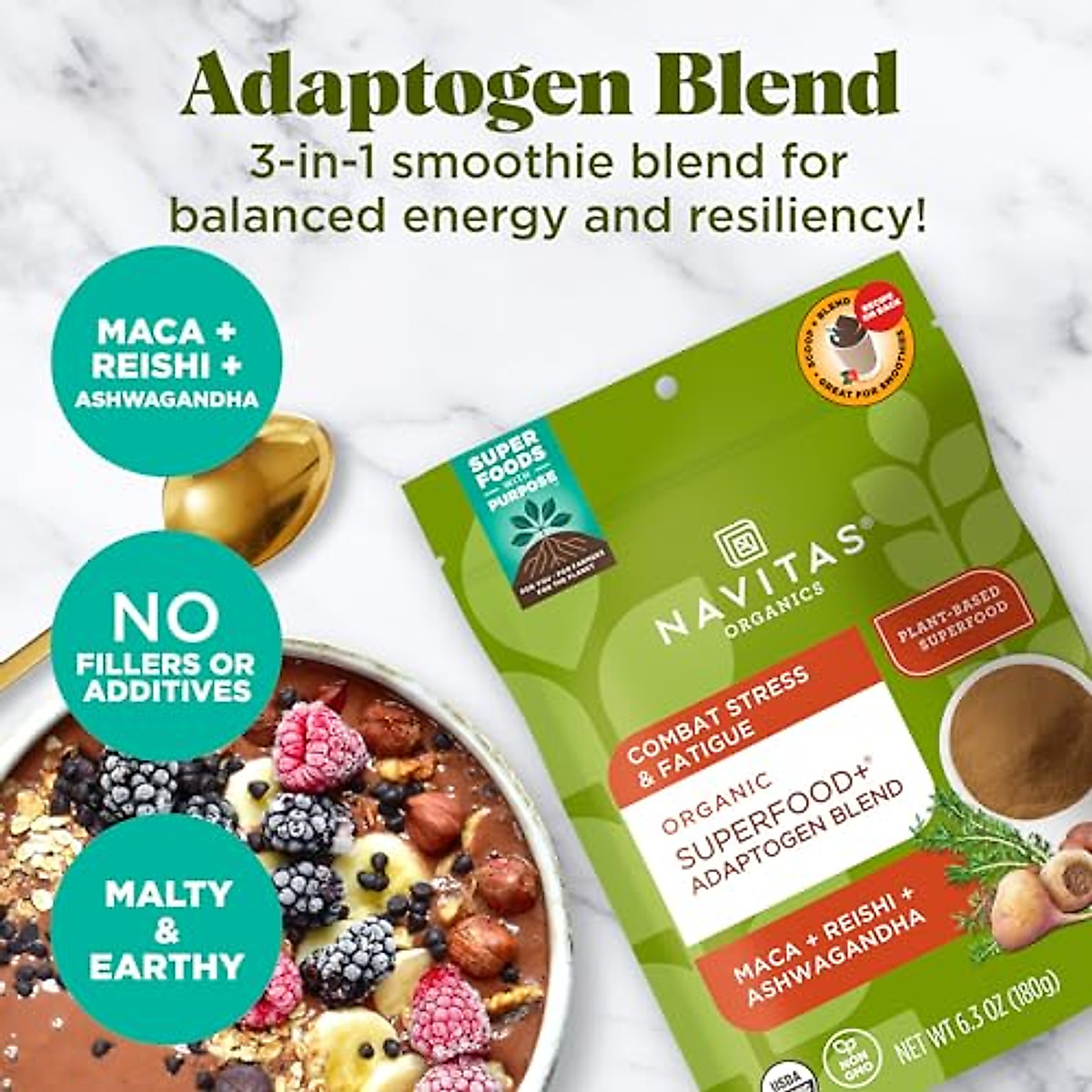 Navitas Organics Superfood+ Adaptogen Blend for Stress Support (Maca + Reishi + Ashwagandha), 6.3oz bag, 30 Servings — Organic, Non-GMO, Vegan, Gluten-Free, Keto & Paleo.