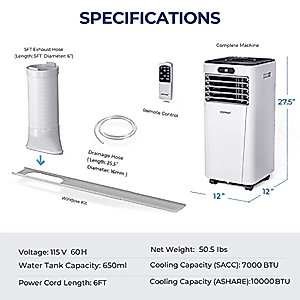 COSTWAY Portable Air Conditioner, 8000BTU Air Cooler with Drying, Fan, Sleep Mode, 2 Speeds, 24H Timer Function, Remote Control, Cools Room up to 230 Sq. ft, Air Cooling Fan for Home & Office Use, Window Kit Included, White(8000BTU)