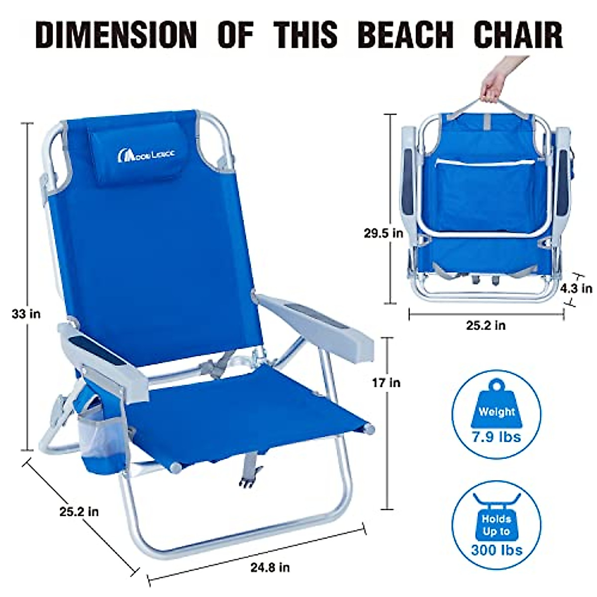 MOON LENCE Folding Beach Chair with 5 Positions High Recliner Chair Lightweight Portable Backpack Chair with Towel bar for Camp,Outdoor,Travel