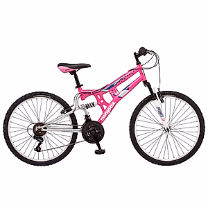 Mongoose Exlipse Full Dual-Suspension Mountain Bike for Kids, Featuring 15-Inch/Small Steel Frame and 21-Speed Shimano Drivetrain with 24-Inch Wheels, Kickstand Included, Pink