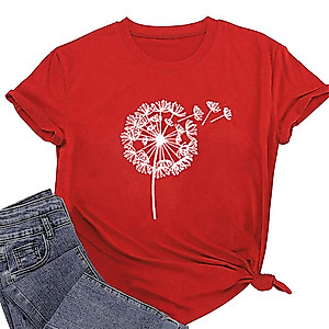 Sunidol Women Dandelion Graphic Mother's Day Top Crewneck Casual Pullover Floral Print Summer Short Sleeve T-Shirt Purple L